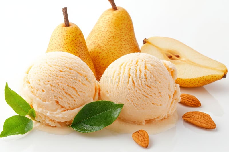 Two Scoops of Pear Ice Cream with Almonds Pears and Pear Slices on a ...