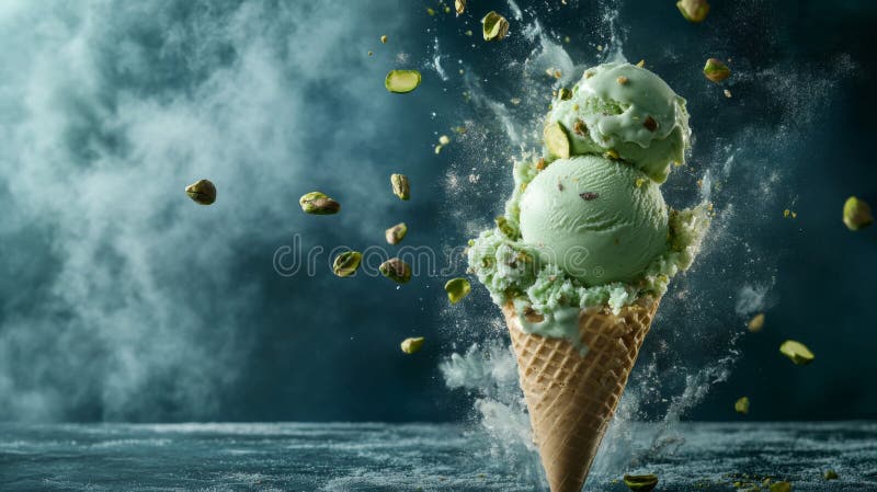 Two Scoops of Pistachio Ice Cream Exploding from Cone Stock ...