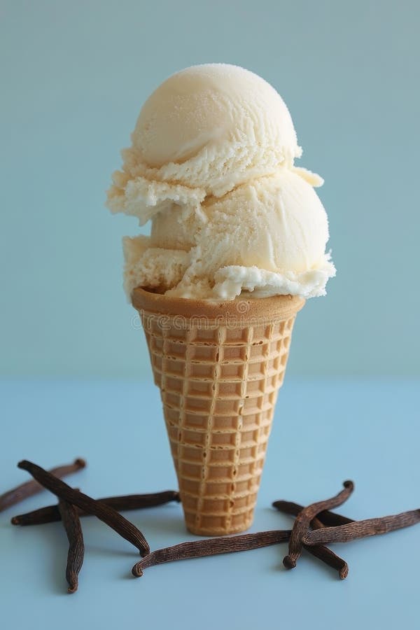 Two Scoops of Vanilla Ice Cream in Waffle Cone, with Vanilla Beans on Pastel Blue Background ...