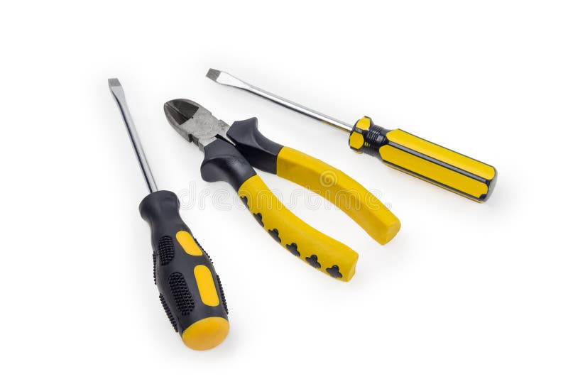 Two Screwdrivers and Diagonal Pliers with Yellow Insulated Handles ...
