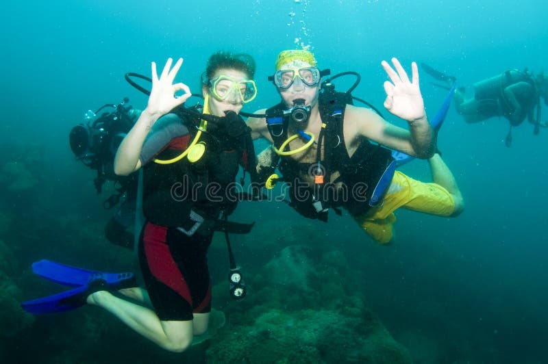 Two scuba divers on a dive stock image. Image of tropical - 14168521