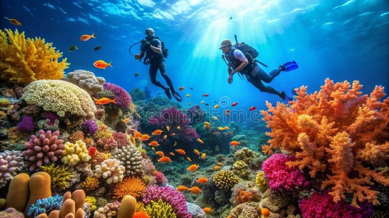 Two Scuba Divers Diving in Front of Colorful and Coral Reef Generative ...