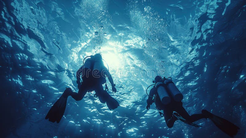 Two Scuba Divers Swim Underwater in Ocean Space . Two Divers Exploring ...