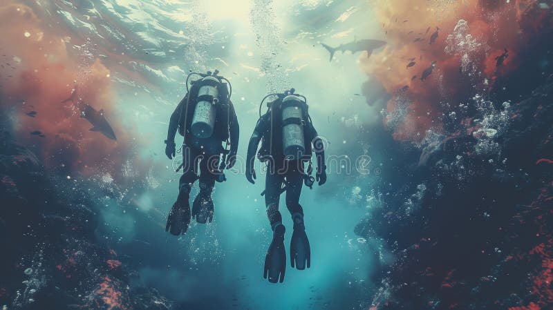Two Scuba Divers Swim Underwater in Ocean Space . Two Divers Exploring ...