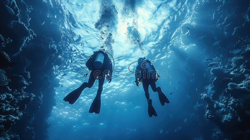 Two Scuba Divers Swim Underwater in Ocean Space . Two Divers Exploring ...