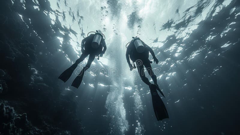 Two Scuba Divers Swim Underwater in Ocean Space . Two Divers Exploring ...