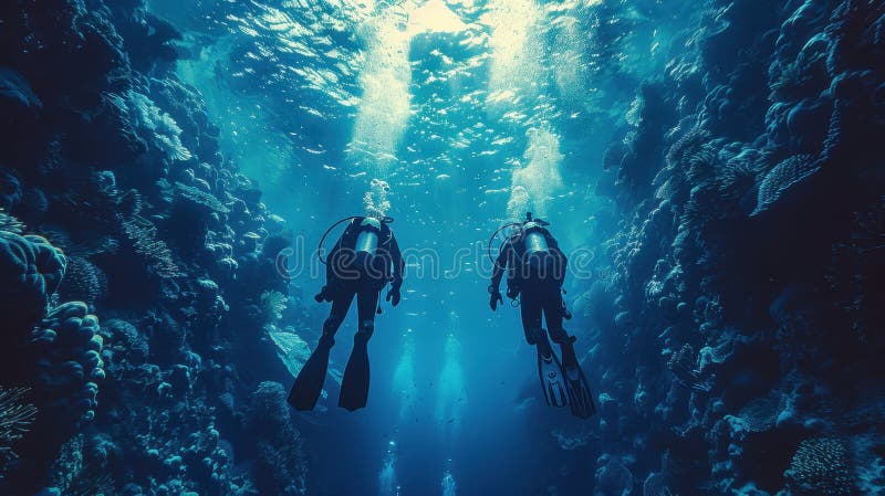 Two Scuba Divers Swim Underwater in Ocean Space . Two Divers Exploring ...