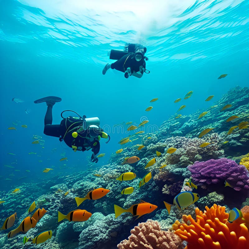 Two Scuba Divers are Swimming in the Ocean with a School of Fish Stock ... Two Scuba Divers are Swimming in the Ocean with a School of Fish Stock ...