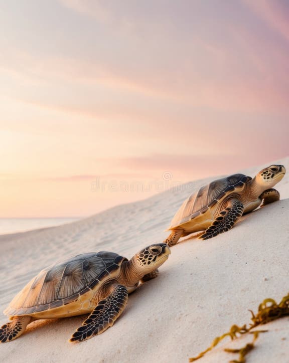 Two Sea Turtles Basking on a Sandy Beach at Sunset. Stock Illustration ...
