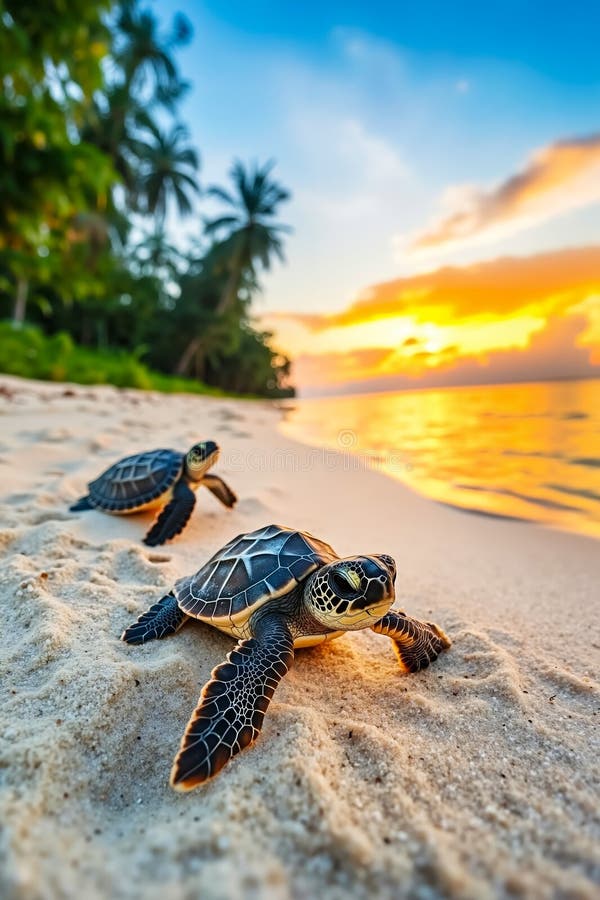 Two Sea Turtles on the Beach at Sunset Stock Photo - Image of warm ...