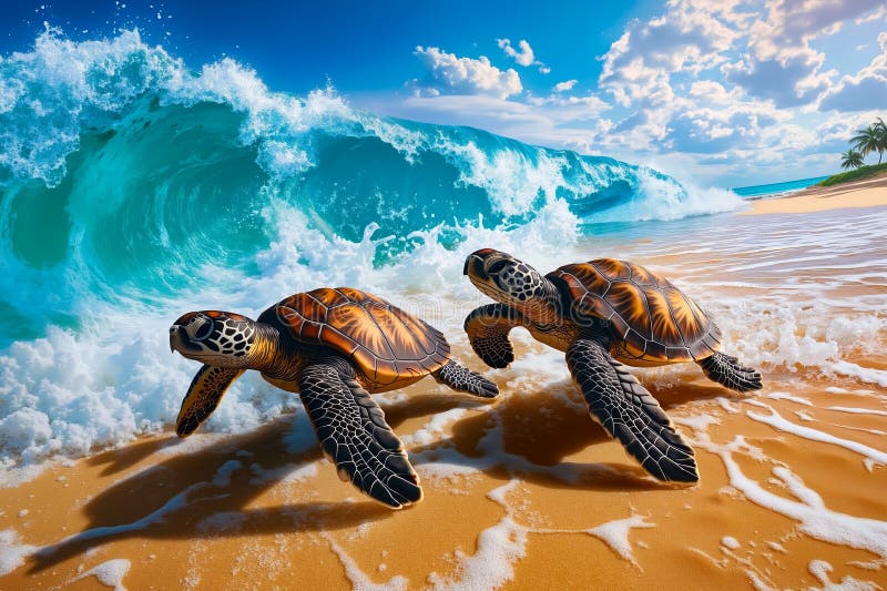 Two Green Sea Turtles Beach Wave Background Stock Photos - Free ...