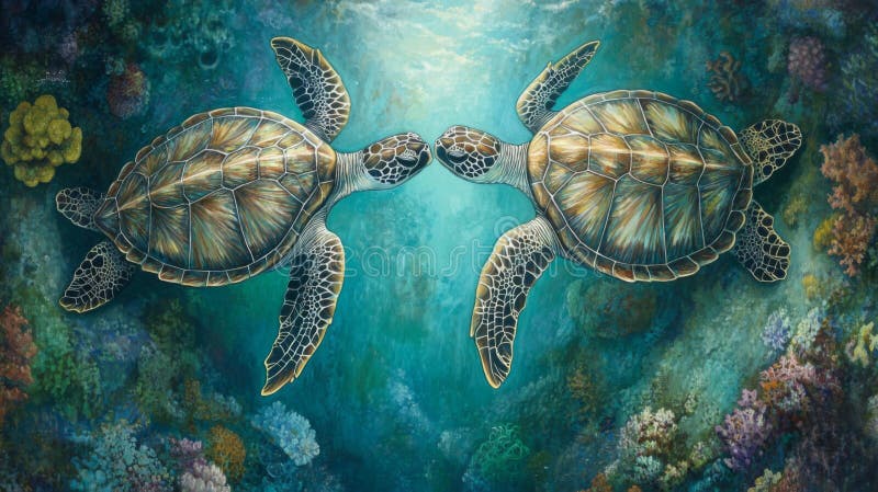 Two Sea Turtles Embrace in Ocean Coral Reef Stock Illustration ...