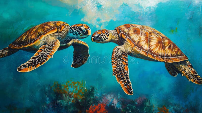 Two Sea Turtles Gracefully Swim Underwater Together Stock Illustration ...