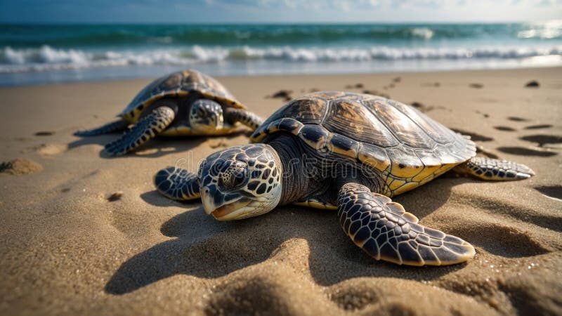 Two Sea Turtles Resting on a Sandy Beach Near the Ocean Waves Stock ...