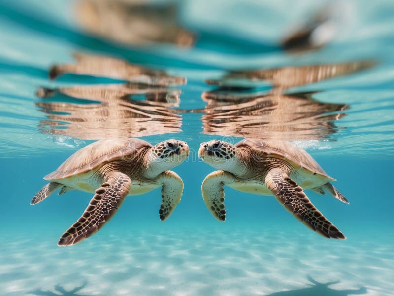 Two Sea Turtles Swimming in Clear Blue Water. Stock Illustration ...
