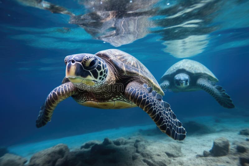 Two Sea Turtles Swimming Together Stock Image - Image of underwater ...