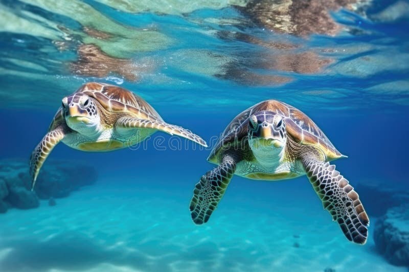 Two Sea Turtles Swimming Together Stock Photo - Image of underwater ...