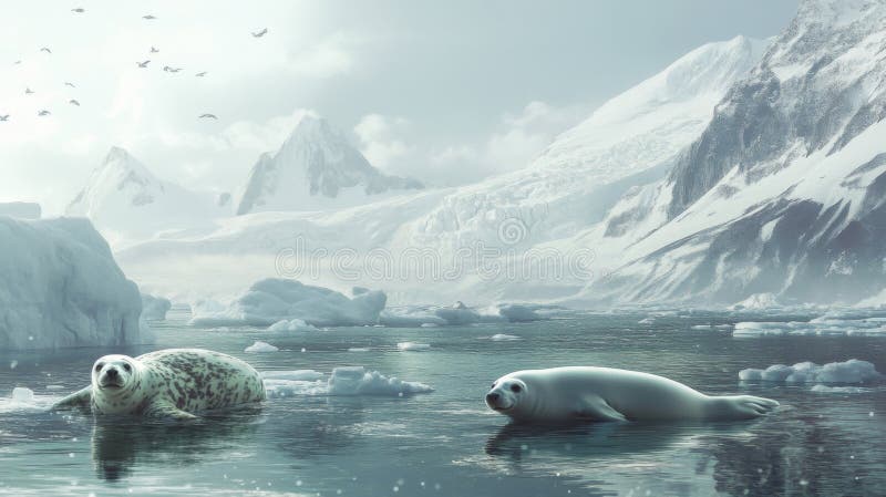 Two Seals in Icy Arctic Water with Mountain Background Stock ...
