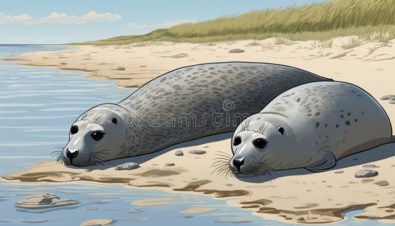 Two Seals Laying on the Beach Stock Illustration - Illustration of ...