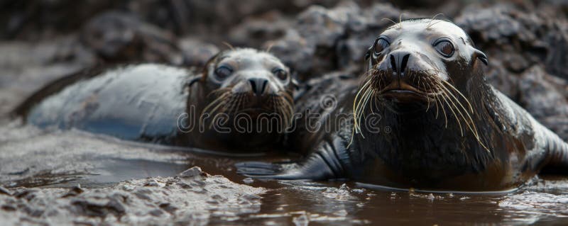 Two Seals Lounging in Muddy Waters Stock Photo - Image of intimacy ...