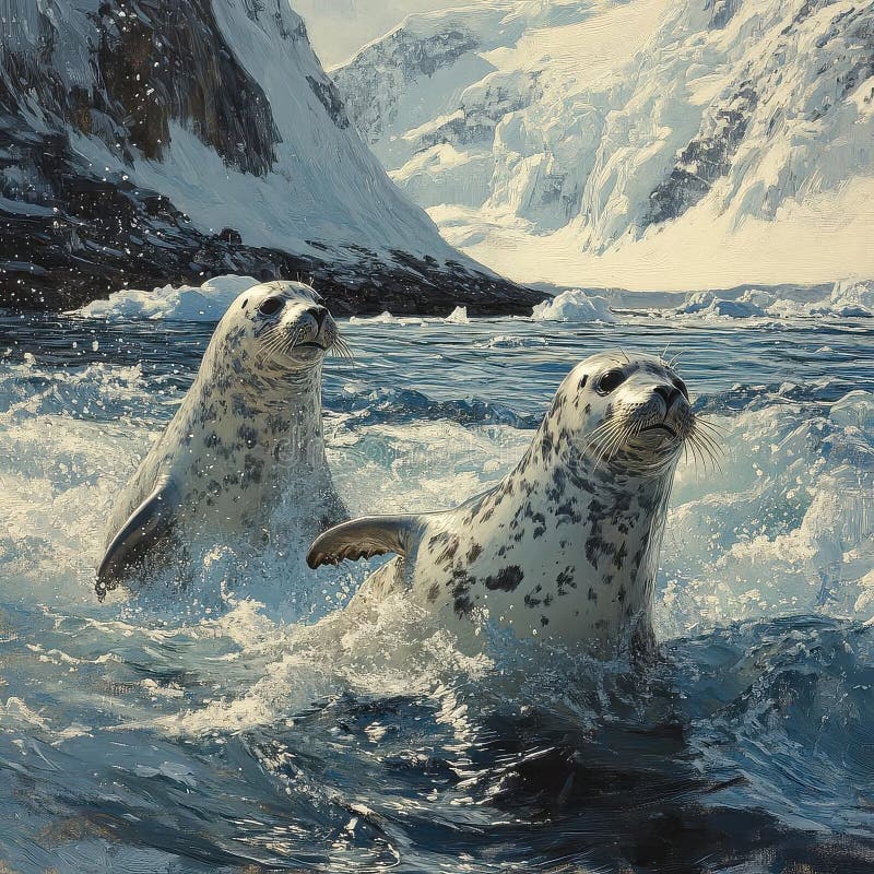 Two Seals Play in Foamy Ocean Waters Stock Illustration - Illustration ...