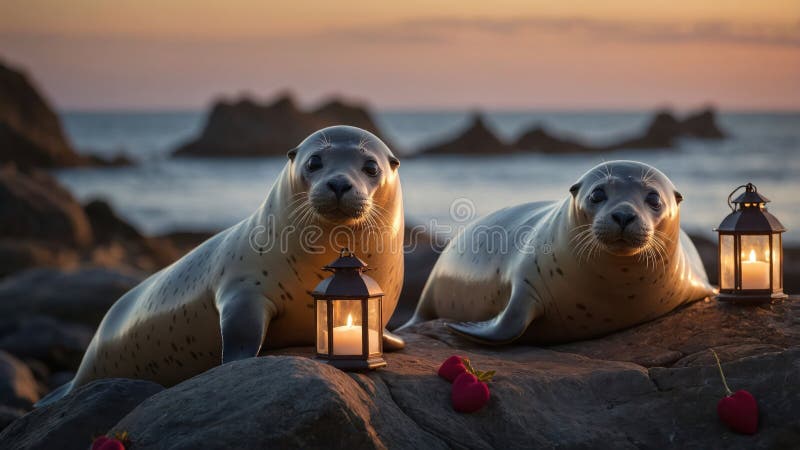 Romantic Sunset Seals on Rocks with Lanterns Stock Illustration ...