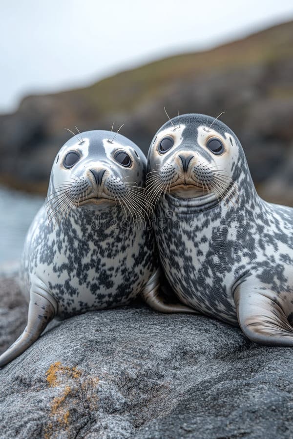 Two Seals Sit on the Surface of a Large Rock, Seemingly Taking a Break ...