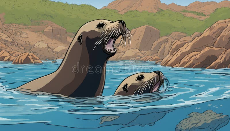Two Seals Swimming in the Water Stock Illustration - Illustration of ...