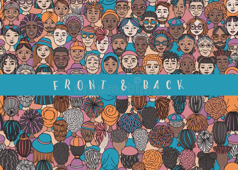 Seamless Hand-Drawn Vector Banner of Diverse Doodle Faces – Front and ...