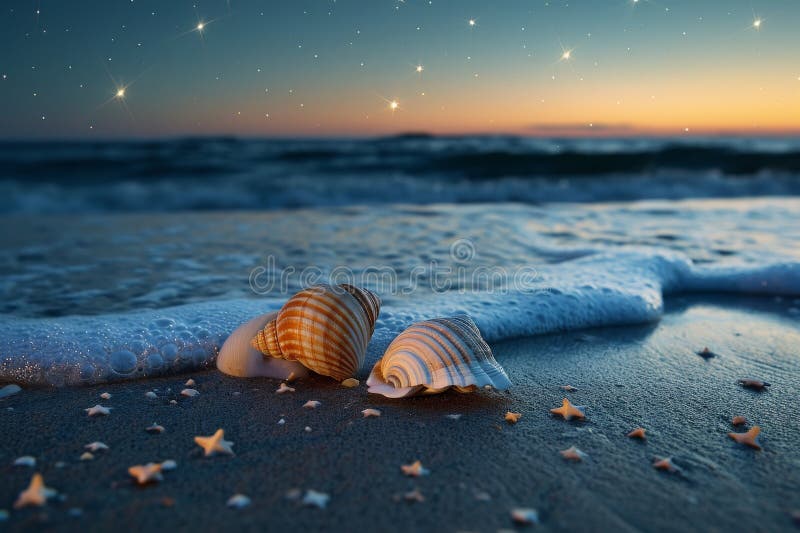 Two Seashells on Beach Sand at Night Stock Illustration - Illustration ...