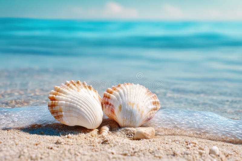 Two Seashells Resting on Sandy Beach with Gentle Ocean Waves and Soft ...