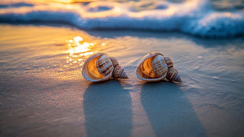 Two Seashells, Resting on a Sunlit Sandy Beach, Cast Soft Shadows and ...
