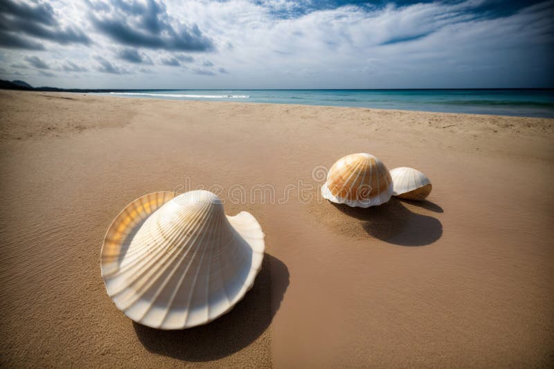 Two Seashells on a Sandy Beach with the Ocean in the Background ...