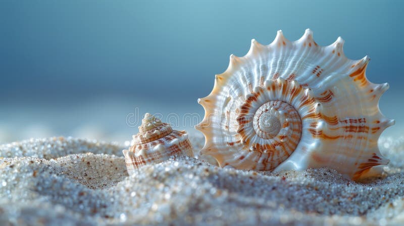Two Seashells on Sandy Beach with Ocean Background Stock Photo - Image ...