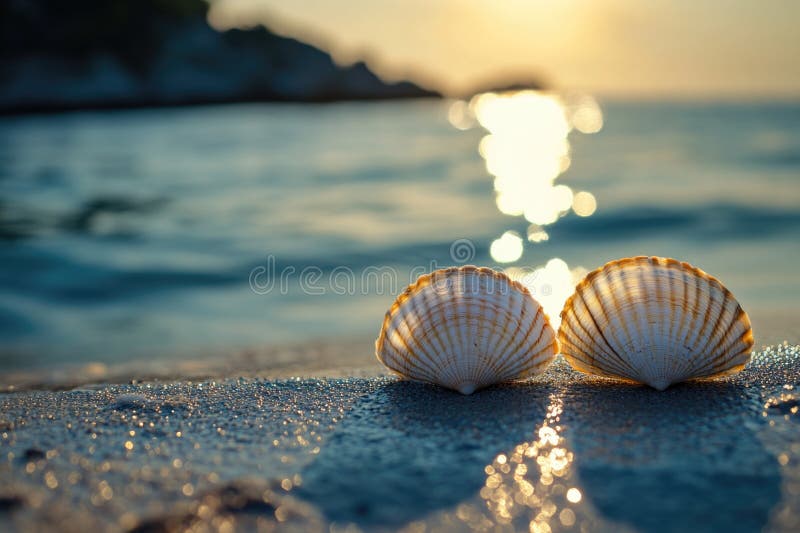 Two Seashells Sitting on a Sandy Beach during Sunset Stock Photo ...