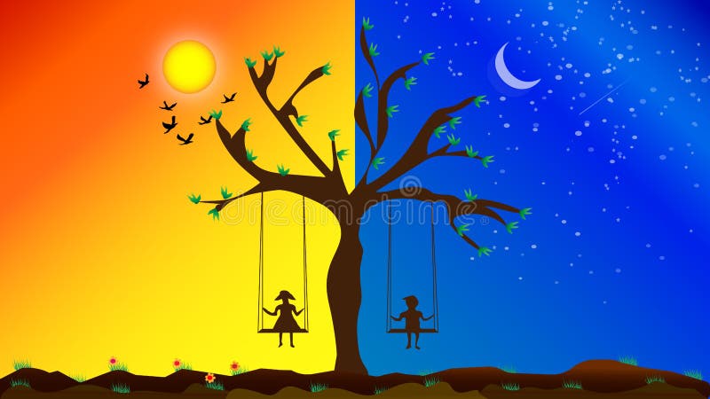 Two 2 Season Moon and Sun Night and Morning Stock Illustration ...