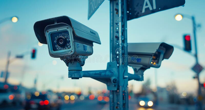Two Security Cameras are Mounted on Pole at Dusk Stock Photo - Image of ...