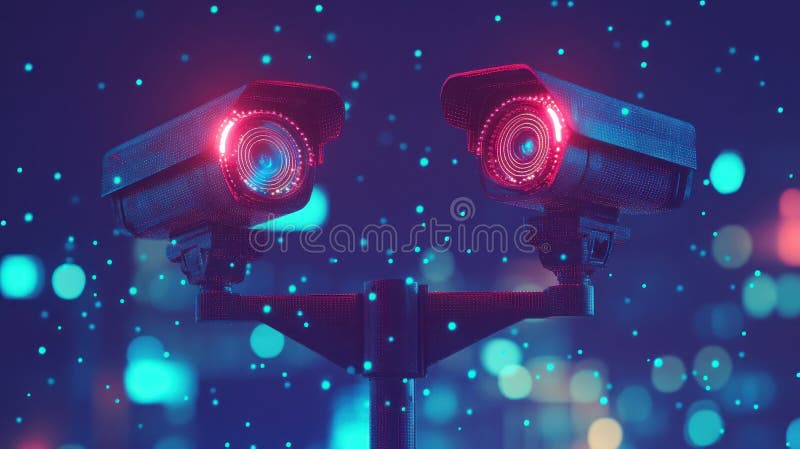 Two Security Cameras at Night, City Lights in Background Stock ...