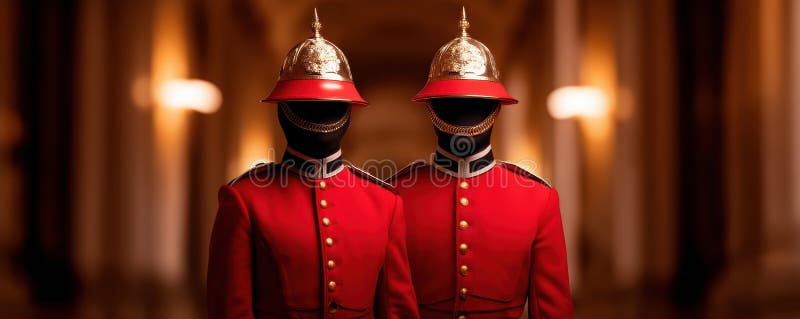 Two Security Guards in Traditional Red Uniforms Stand in a Dimly Lit ...
