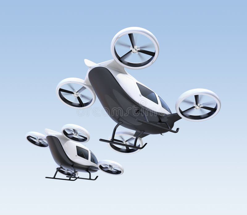 Two Self-driving Passenger Drones Flying in the Sky Stock Illustration ...
