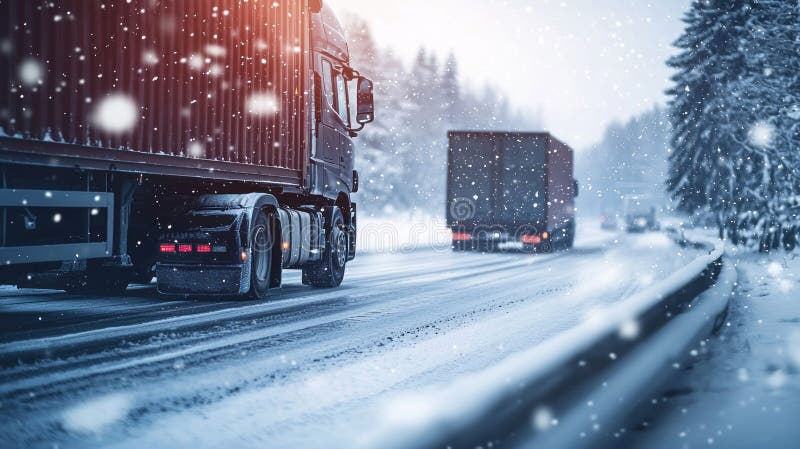 Two Semi-trucks Navigating a Snow-covered Highway during a Heavy Winter ...