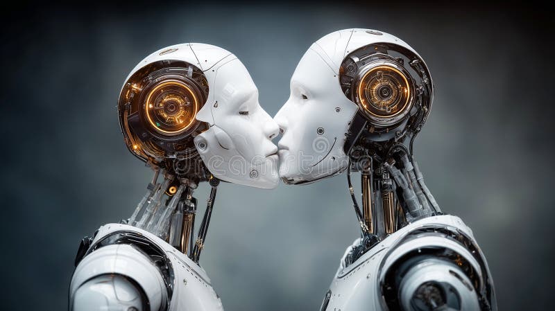 Two Sentient AI Robots Kissing and Imitating Human Behaviour Stock ...