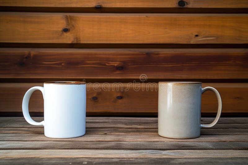 Two Separate Coffee Mugs on a Split Wooden Table Stock Image - Image of ...