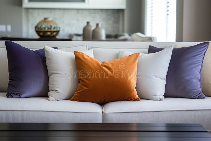Two Separate Pillows on a Long Couch Stock Image - Image of cozy, decor ...