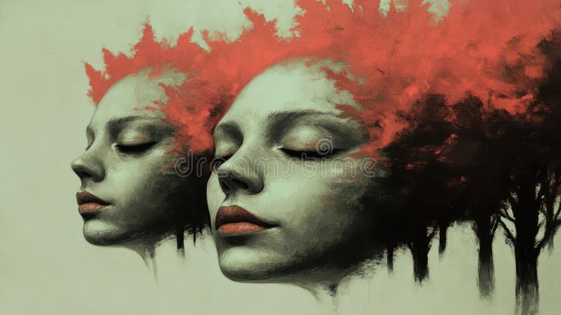 Two Serene Faces with Foliage, Blending Nature and Human Emotion Stock ...