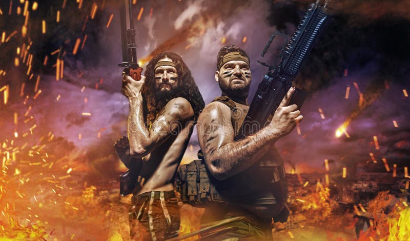 Two Serious Soldiers in the Middle of the Battle Stock Image - Image of ...