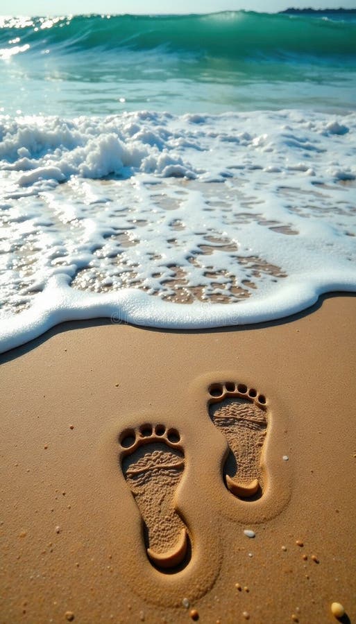Two Sets of Footprints Receding into Ocean Waves, Morning, Sand Texture ...