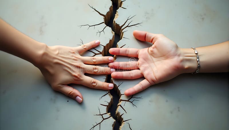 Two Sets of Hands Reaching Across a Cracked or Divided Surface ...
