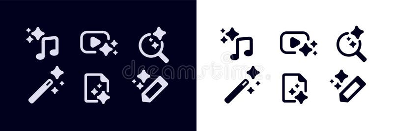 Two Sets of Monochrome Icons Featuring Music Notes, Magnifying Glass ...