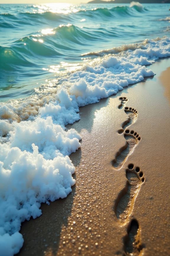 Two Sets of Parallel Footprints Fading into Ocean Waves, Solitude ...
